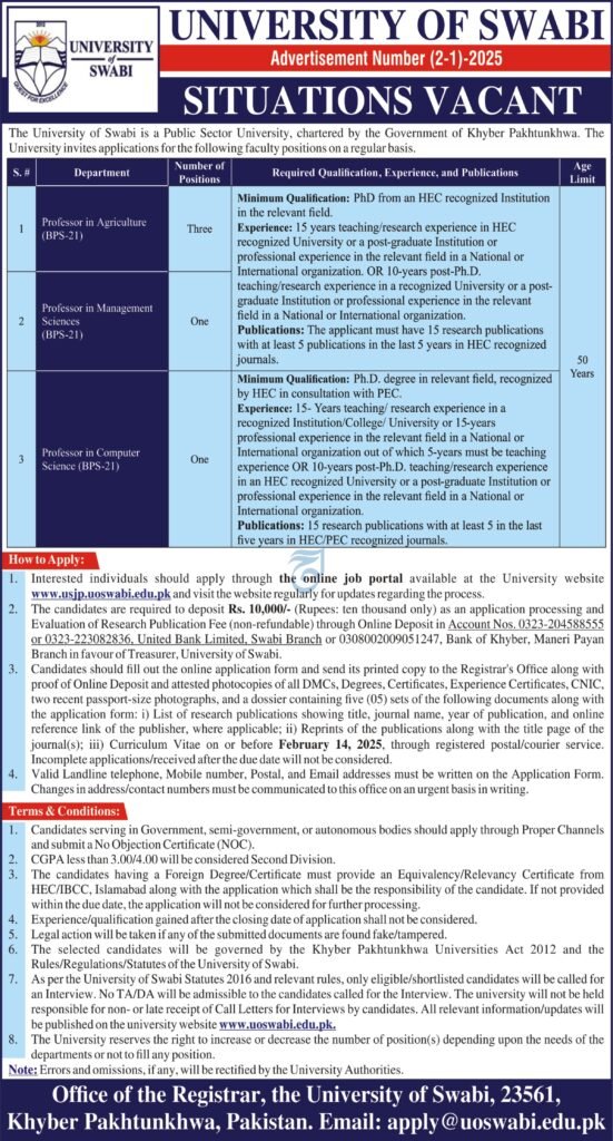 University of Swabi Professors Jobs 2025 - Jobs Observer